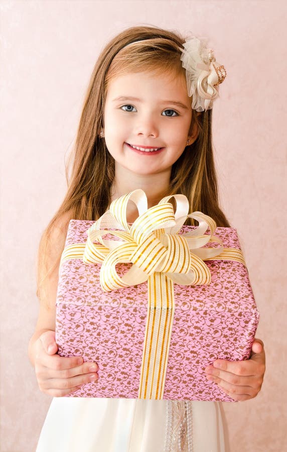 Portrait of Little Girl with Gift Box Stock Image - Image of isolated ...