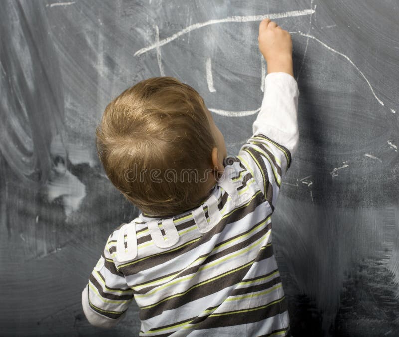 Portrait of Little Handsome Boy Writing on Blackboard Stock Photo ...
