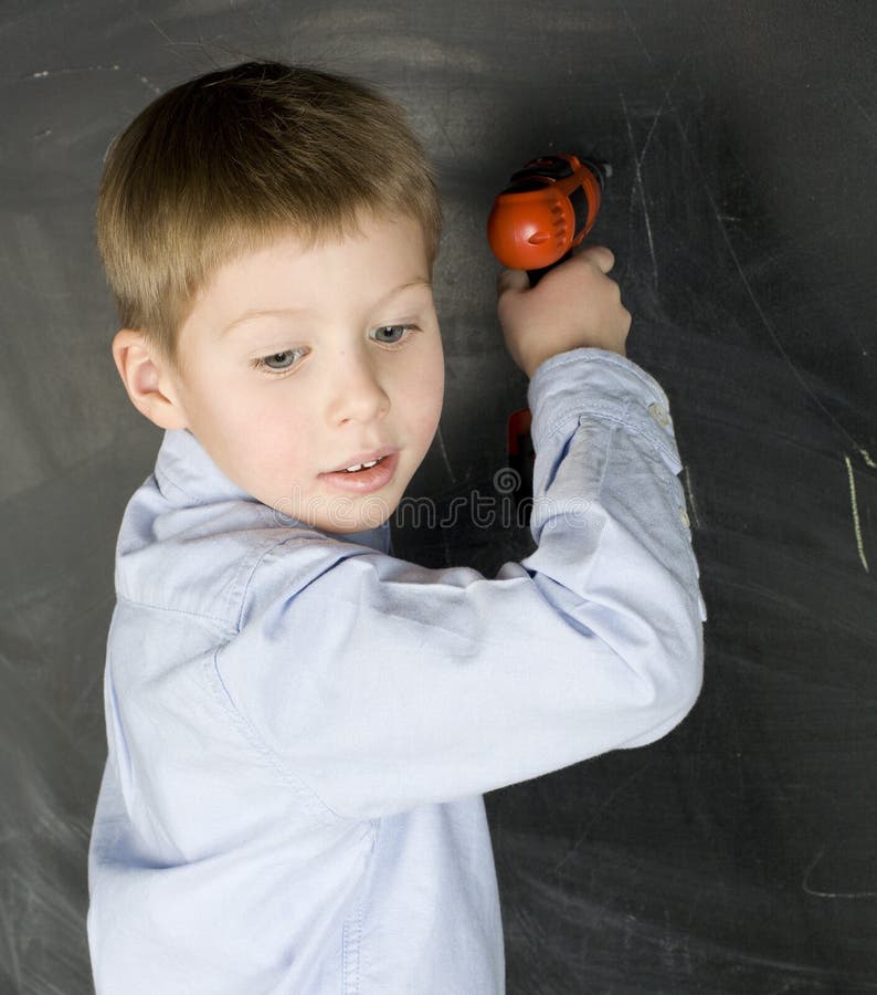 Portrait of Little Handsome Boy Writing on Blackboard Stock Photo ...