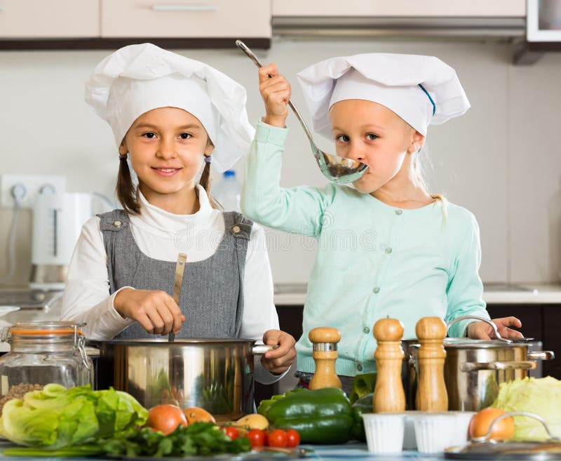 Portrait of Little Sisters at Kitchen Stock Image - Image of relatives ...