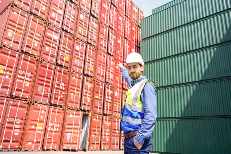 Portrait of Logistic Engineer Worker Man Standing in Shipping Container ...