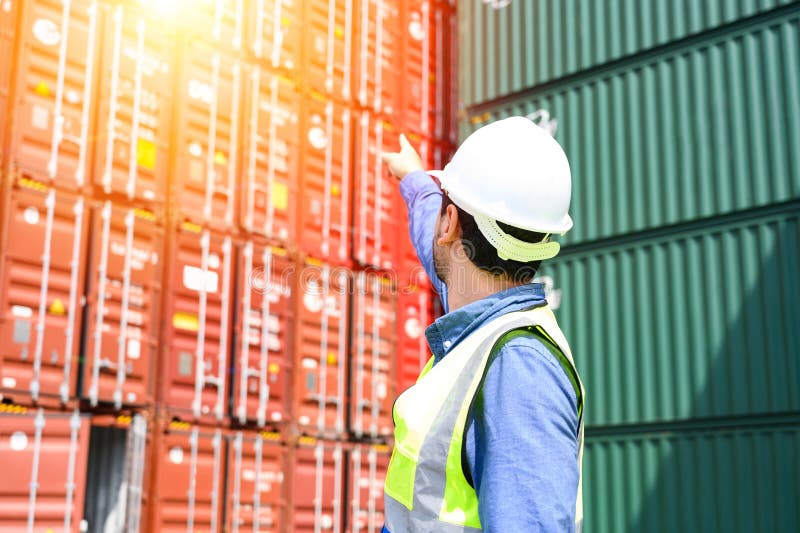 Portrait of Logistic Engineer Worker Man Standing in Shipping Container ...
