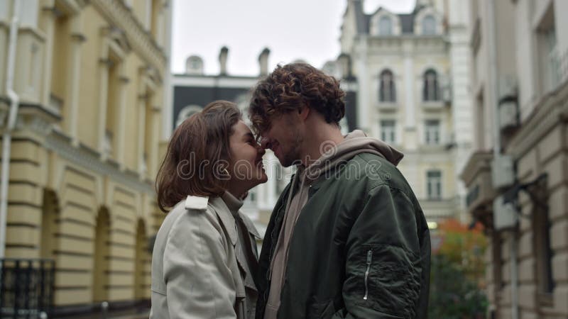 Love Couple Rubbing Noses On Urban Street Man And Woman Flirting
