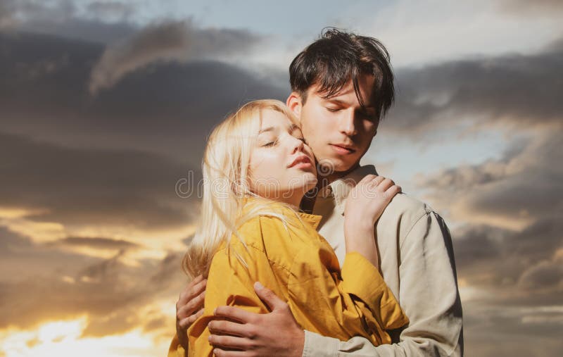 Portrait Of Lovely Couple In Love On Sunset Young Sensual Girlfriend