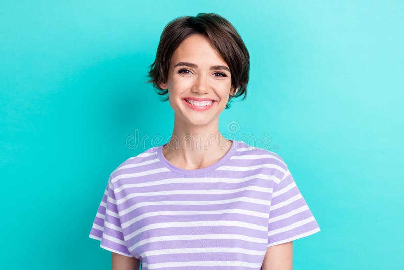 Portrait Of Lovely Optimistic Gorgeous Girl Bob Hairstyle Wear Striped