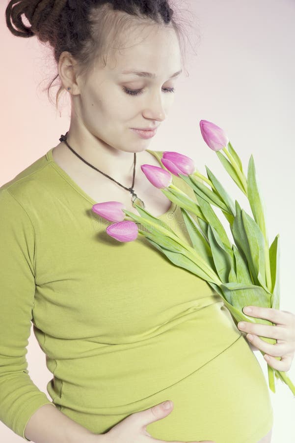 Portrait Of Lovely Pregnant Woman With Tulips Stock Image Image Of