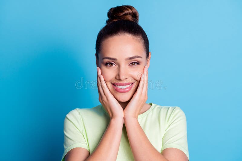 Portrait Of Lovely Pretty Lady Touch Hands Face Toothy Smile In Camera