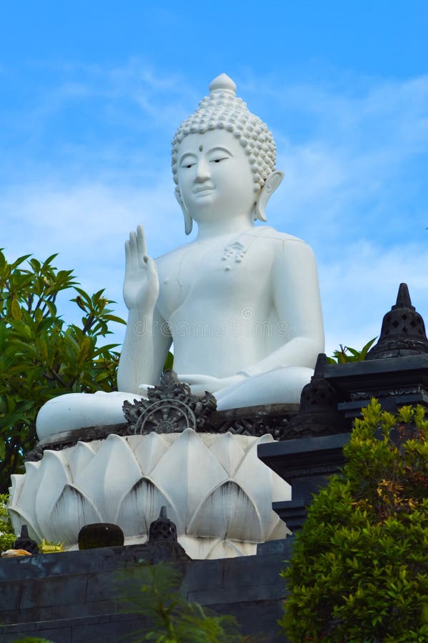 Portrait Low Angle Front View Big White Buddha Sitting Down Statue in ...