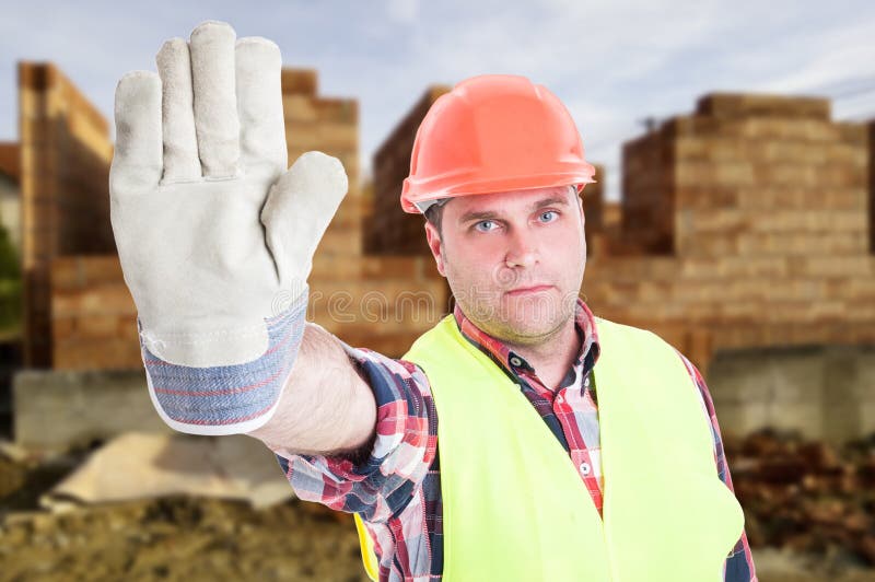 Portrait of Male Builder Doing Stop Sign Stock Image - Image of estate ...