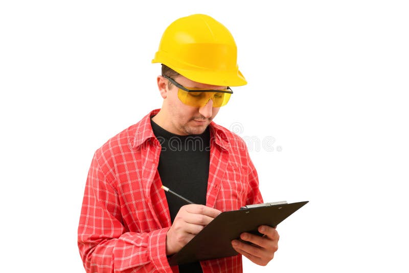 Portrait of a Male Builder in a Helmet Signing a Contract on a White ...