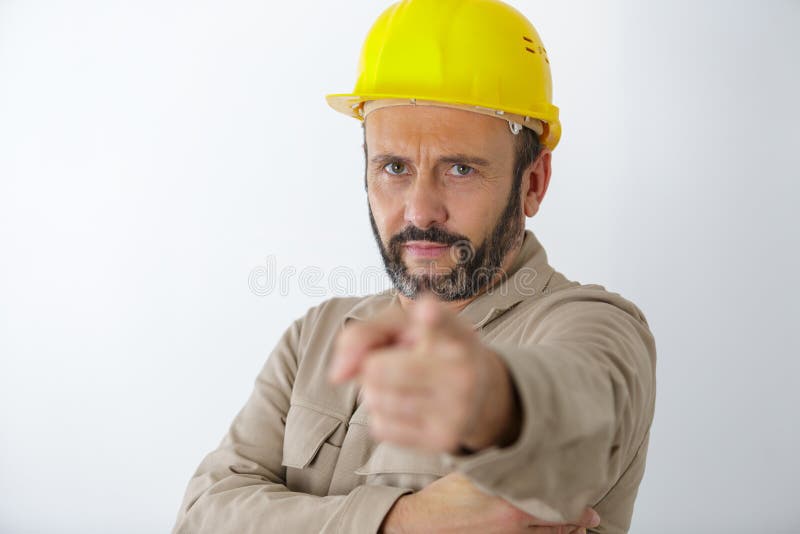 Portrait Male Builder Pointing at Camera Stock Photo - Image of happy ...
