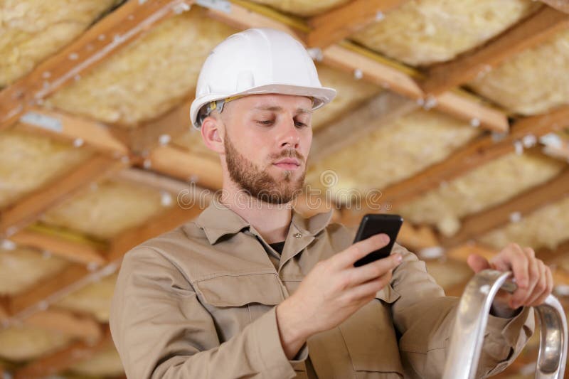 Portrait Male Construction Worker on Phone Stock Image - Image of ...