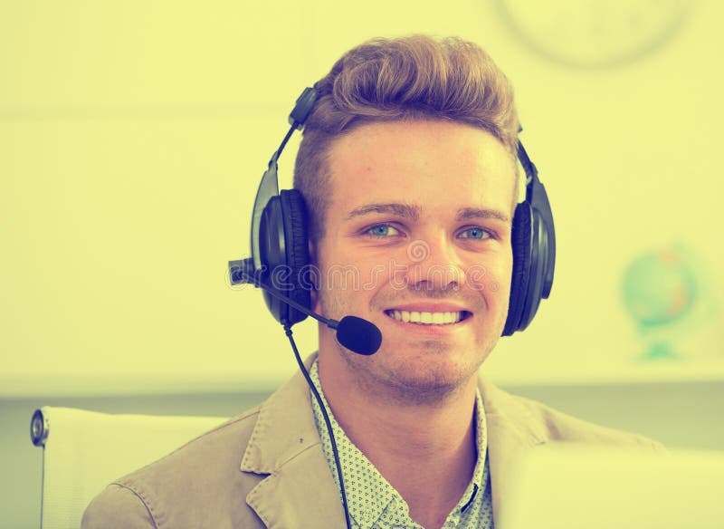 Portrait of Male Employee with Headset Stock Image - Image of helpdesk ...