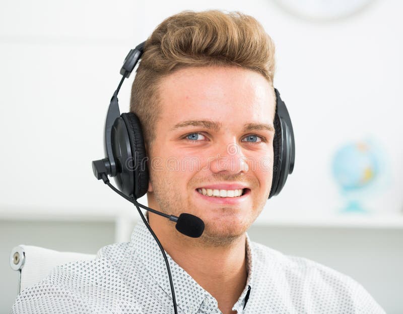 Portrait of Male Employee with Headset Stock Image - Image of happiness ...