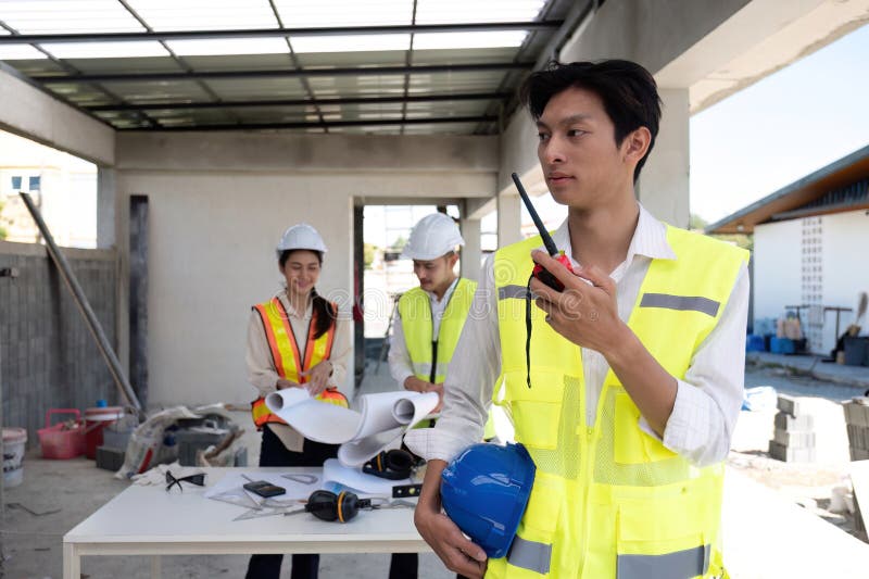 Portrait of a Male Engineer at a Construction Site Using a Walkie ...
