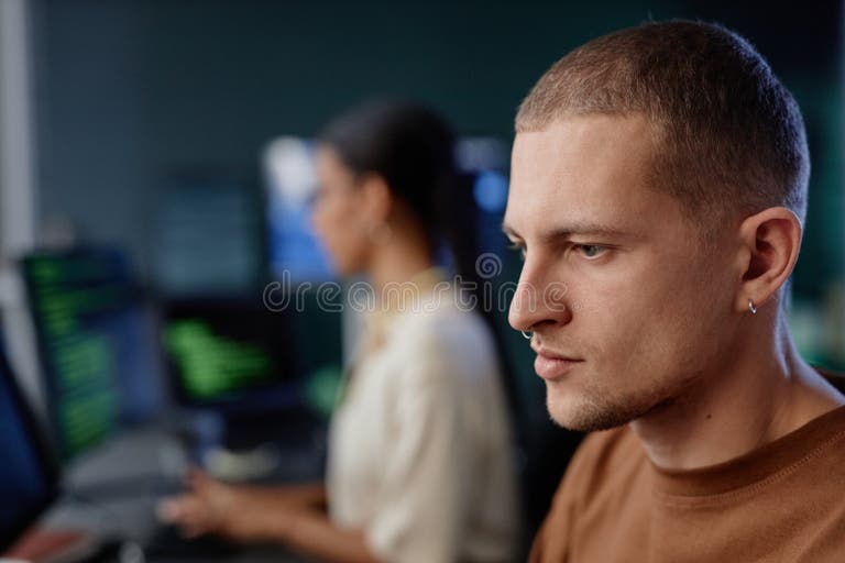 Portrait of Male it Engineer with Earring Computer Coding in Office ...