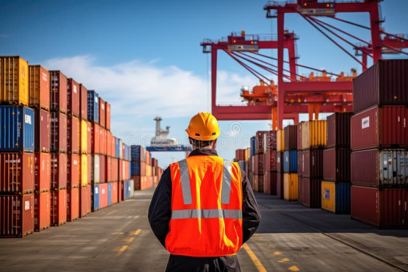 Portrait of a Male Engineer Standing in Front of Containers at the Port ...