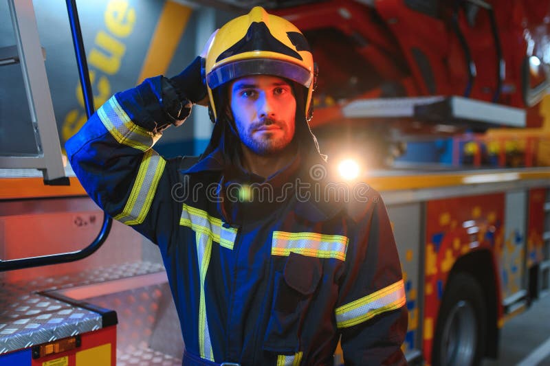 Portrait of Male Firefighter in Uniform at Fire Station Stock Image ...