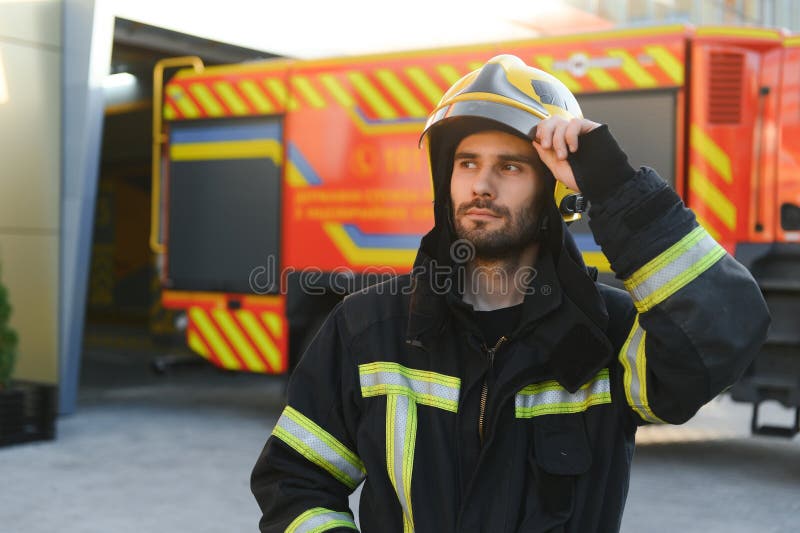 Portrait of Male Firefighter in Uniform at Fire Station Stock Image ...