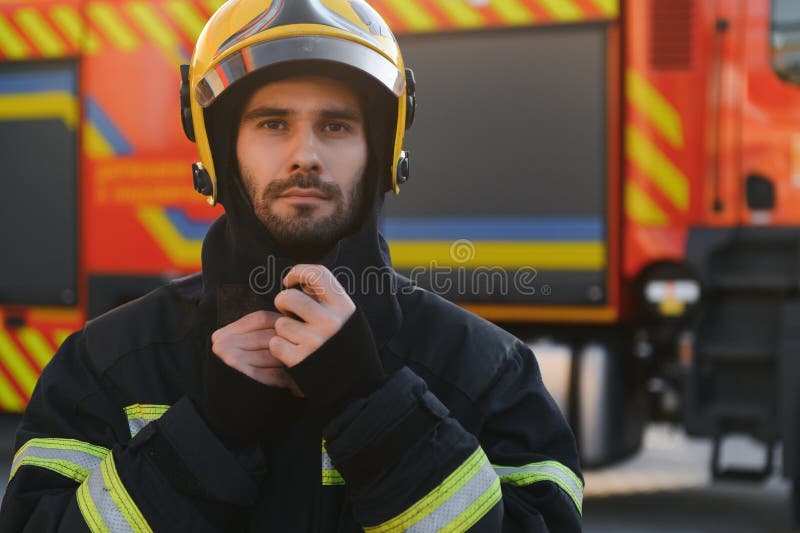 Portrait of Male Firefighter in Uniform at Fire Station Stock Photo ...