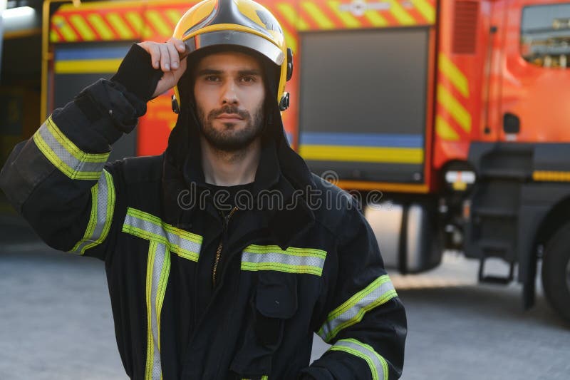 Portrait of Male Firefighter in Uniform at Fire Station Stock Photo ...