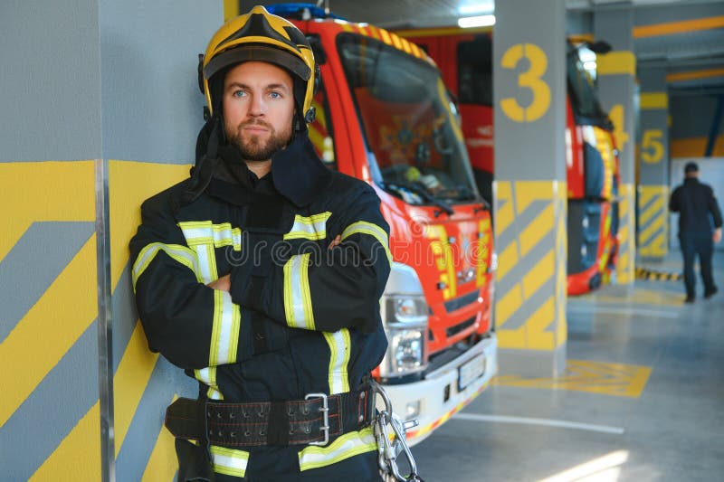 Portrait of Male Firefighter in Uniform at Fire Station Stock Photo ...