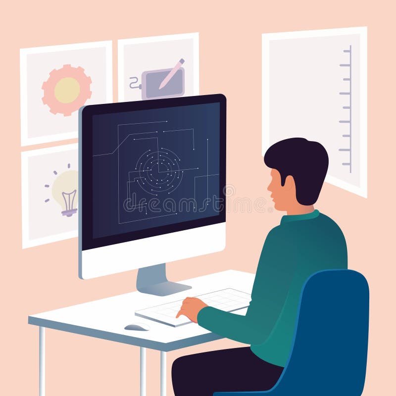 Portrait of Male Graphic Designer Working on Computer at Workplace and ...