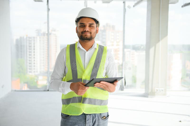 Portrait of a Male Indian, Engineer at Work Stock Image - Image of hand ...
