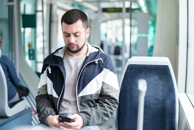 Portrait of Male Passenger in Tram Car on Spring Day Stock Photo ...