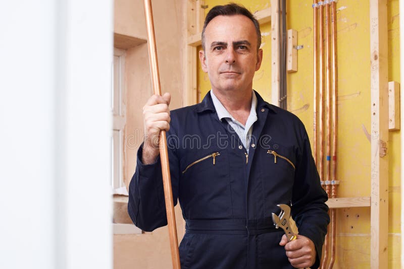 Portrait of Male Plumber Working in House Stock Image - Image of home ...
