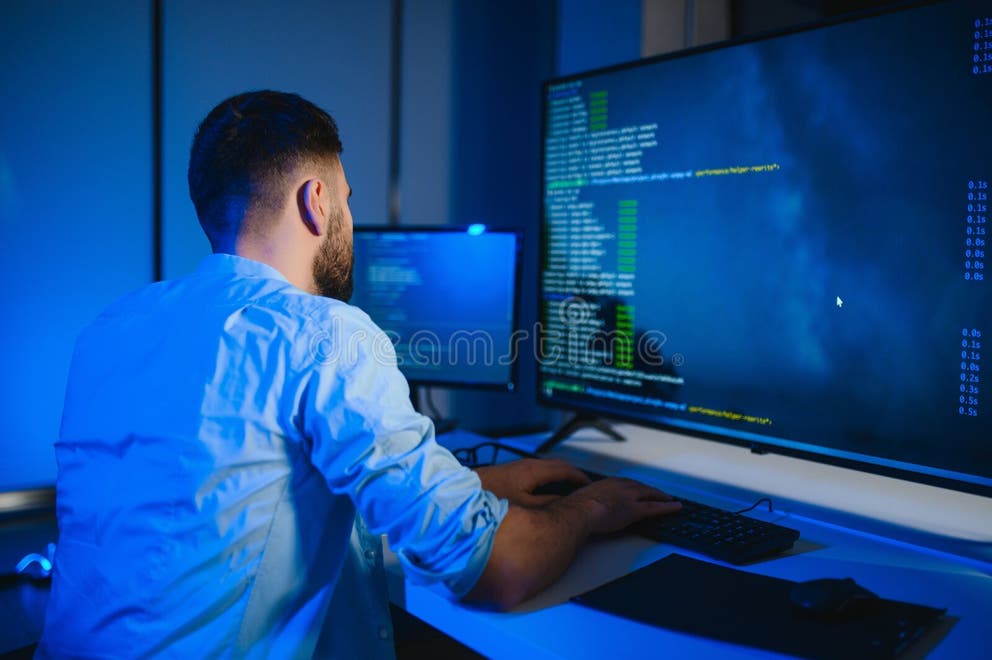 Portrait of Male Programmer in Office at Night Stock Photo - Image of ...