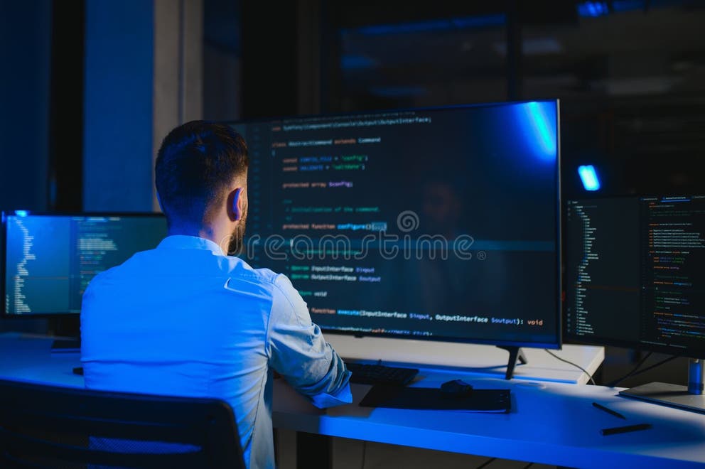 Portrait of Male Programmer in Office at Night Stock Photo - Image of ...