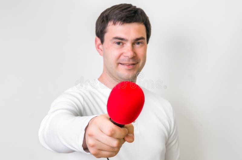 Portrait of Male Reporter with Red Microphone Stock Image - Image of ...