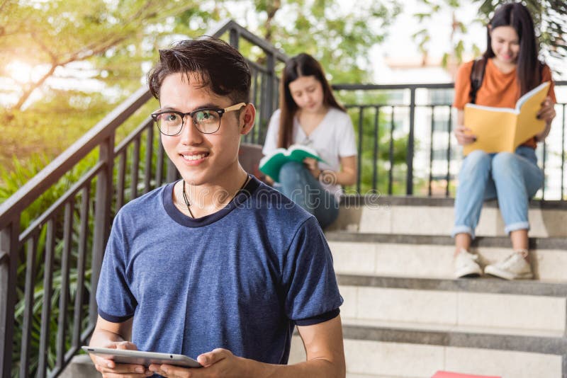 Portrait Male Student Stand Holding Tablet Computer Stock Photo - Image ...