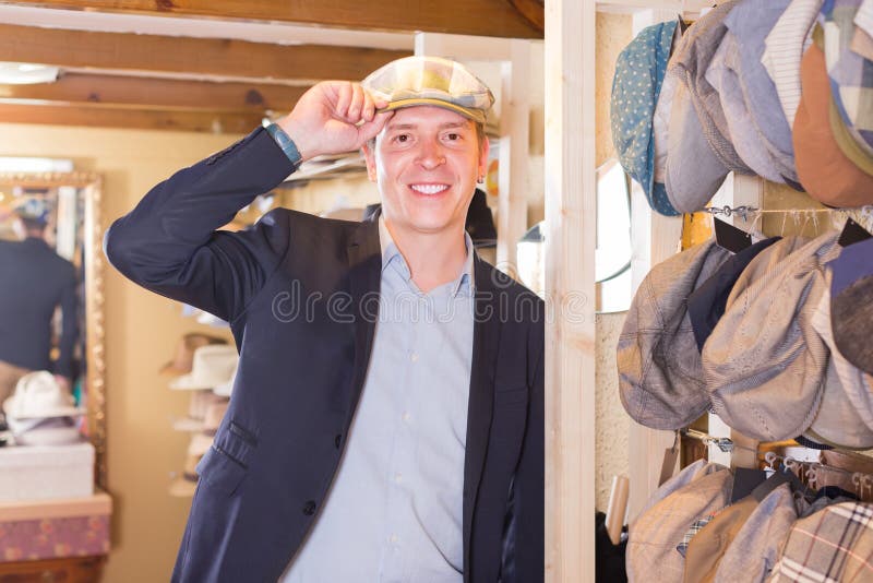 Portrait of Male Try on Flat Hat at the Shopping Mall Stock Image ...