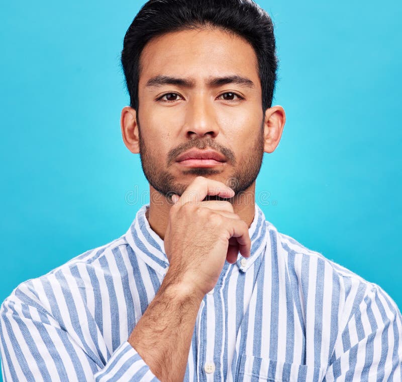 Portrait of Man on Blue Background, Thinking and Serious Expression and ...