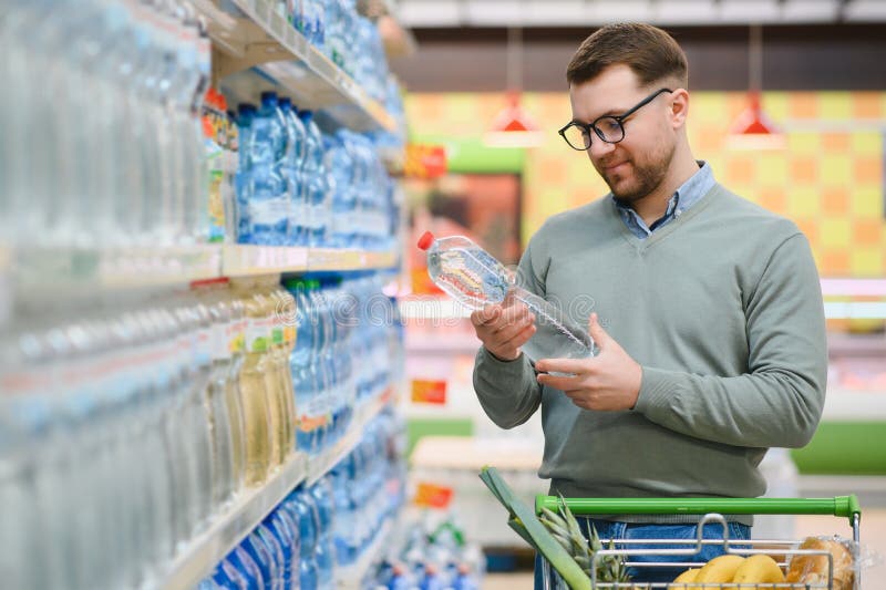 Portrait Man Customer Who Standing Drinks Supermarket Stock Photos ...