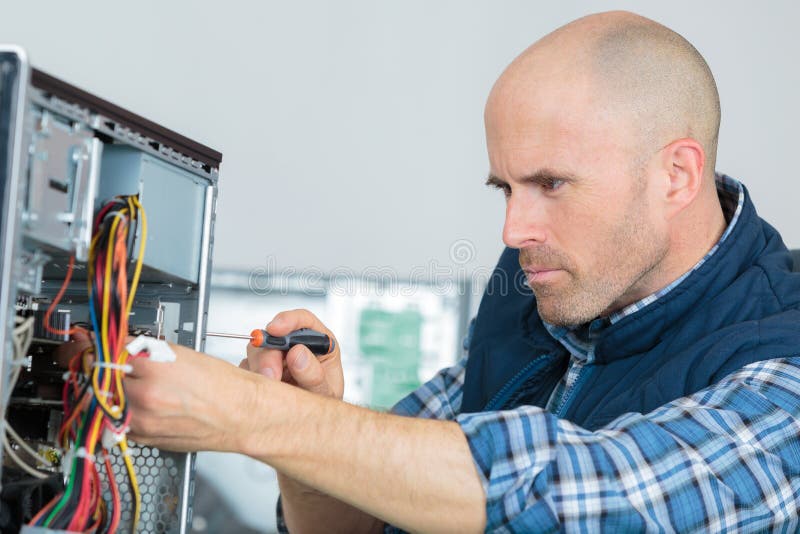 Portrait Man Fixing Computer Stock Photo - Image of equipment, engine ...
