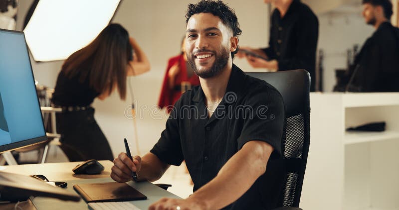Portrait, Man and Happy Photography Editor on Computer in Studio ...