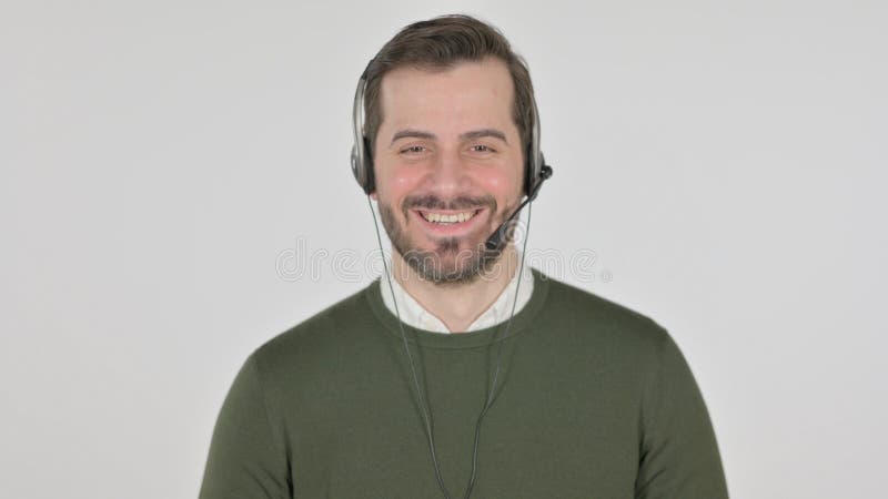 Portrait of Man with Head Set Smiling at Camera, White Screen Stock ...