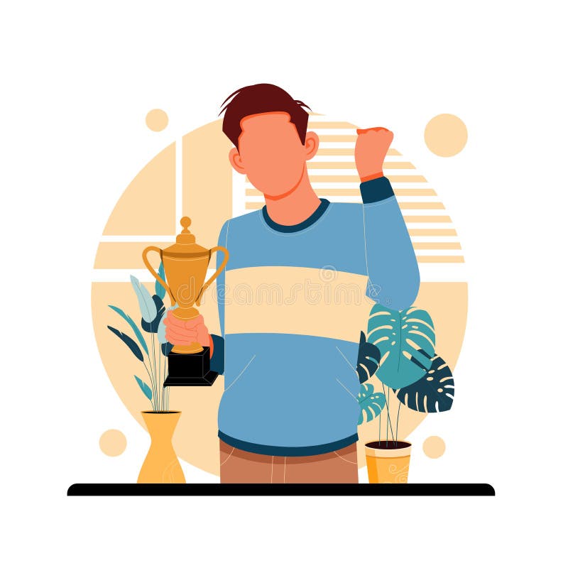 Portrait of Man Holds the Trophy, Flat Design Concept. Vector ...