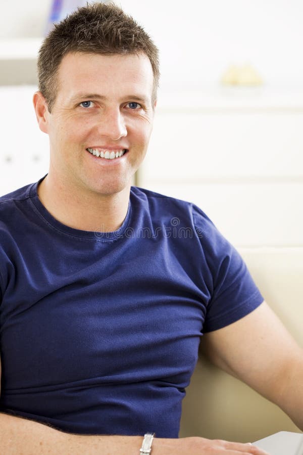 Portrait of Man at Home with Computer Stock Image - Image of face ...