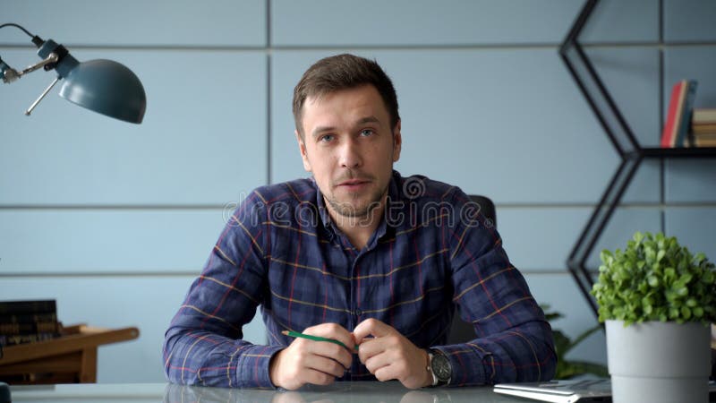 Portrait Man Looking at Speaking at Camera Having Video Call from Home ...