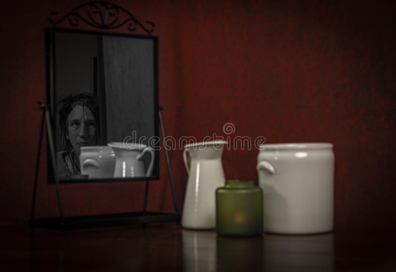 Portrait of Man in Old Mirror with Red Vintage Background Editorial ...