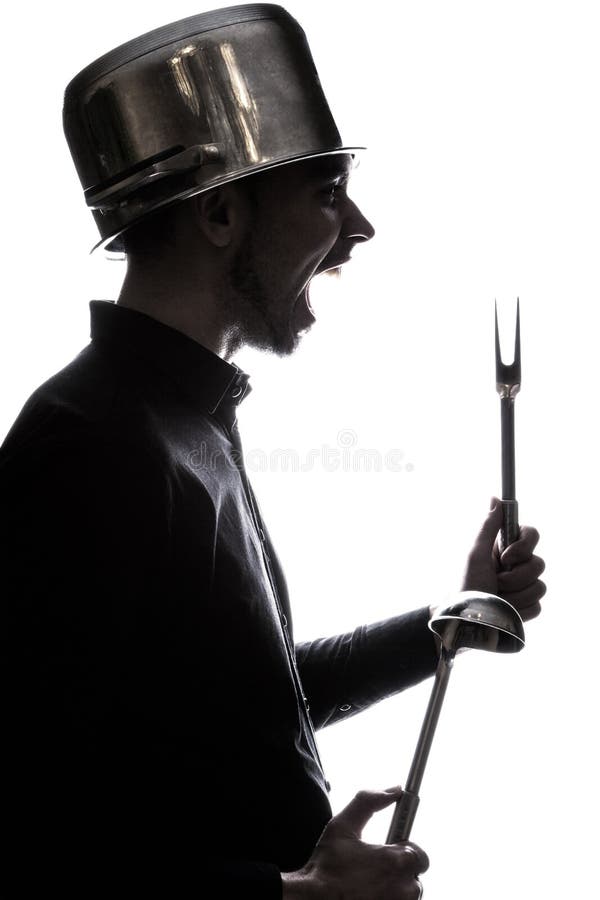 Serious Man with Stew Pan on Head Stock Photo - Image of male, frown ...