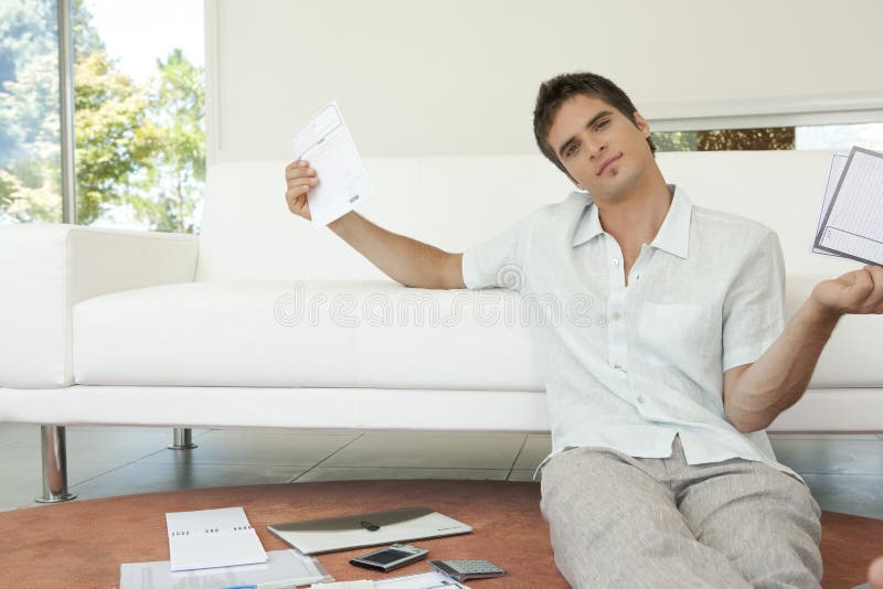Portrait of Man with Paperwork Sitting on Floor Stock Image - Image of ...
