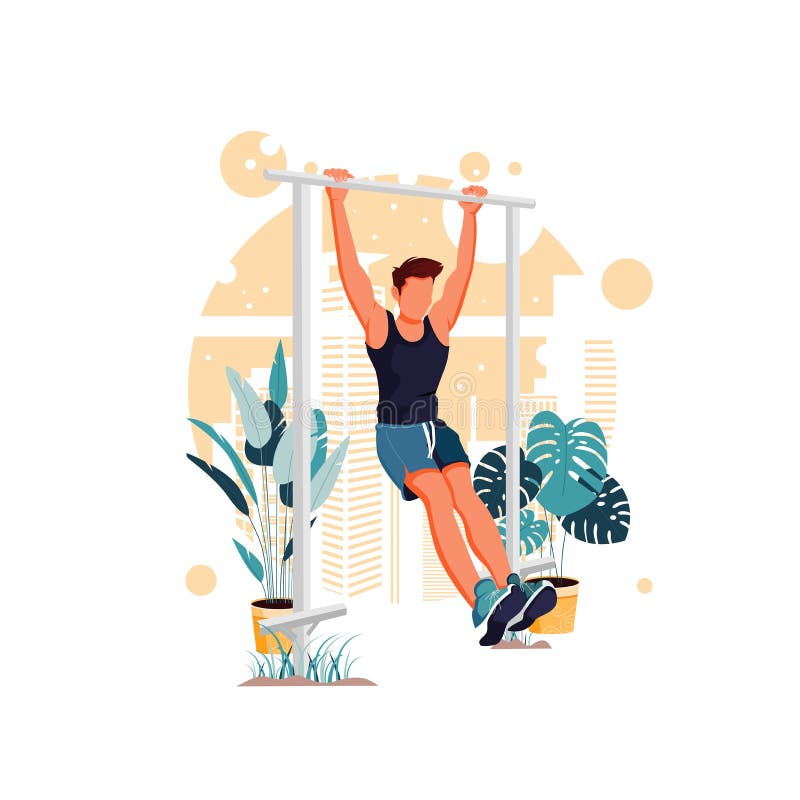 Portrait of Man Pull Up in the Outdoors, Flat Design Concept. Vector ...