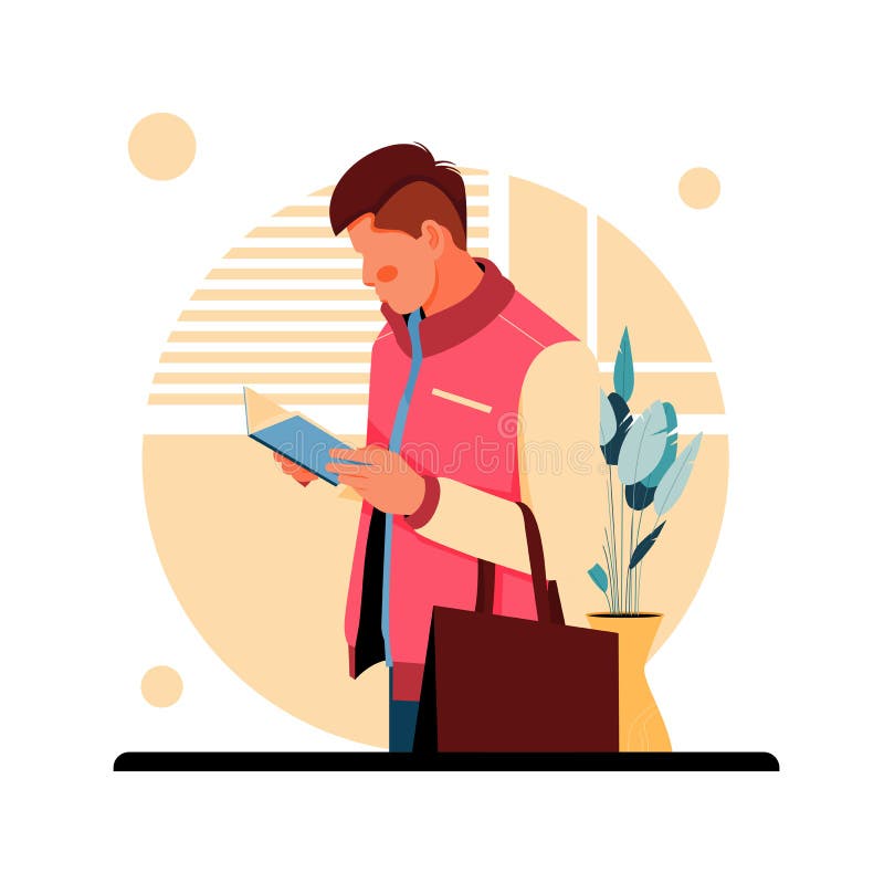 Portrait of Man Reading Book, Flat Design Concept. Vector Illustration ...