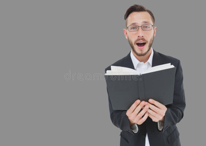 Portrait of Man Reading Book Out Loud with Grey Background Stock Photo ...