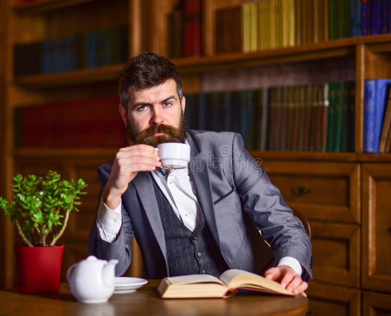 Portrait of Man Reading Book in Vintage Library Stock Image - Image of ...
